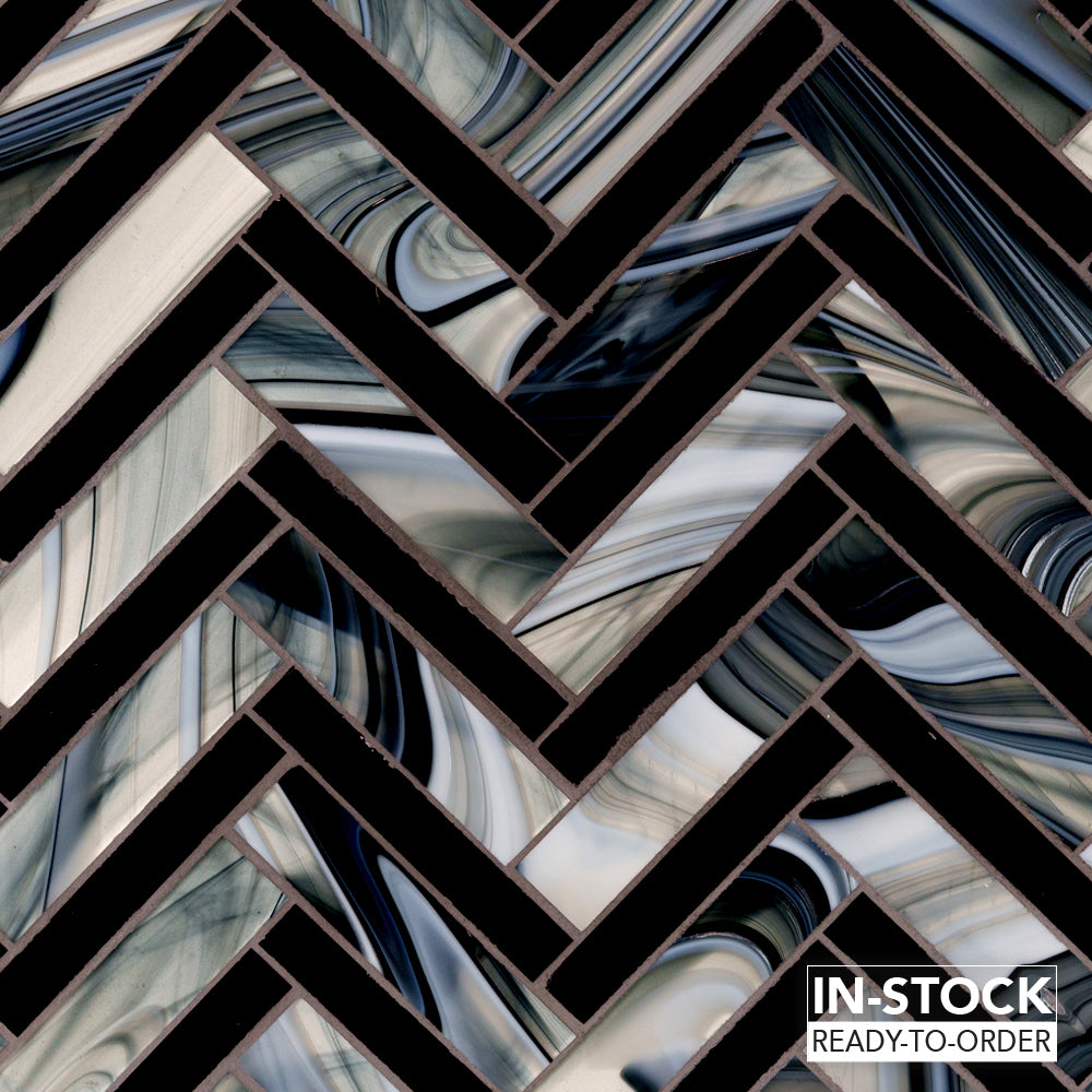 Caprio Chevron Mosaic Art Glass Tile in Dramatic Black/White Tempest ...