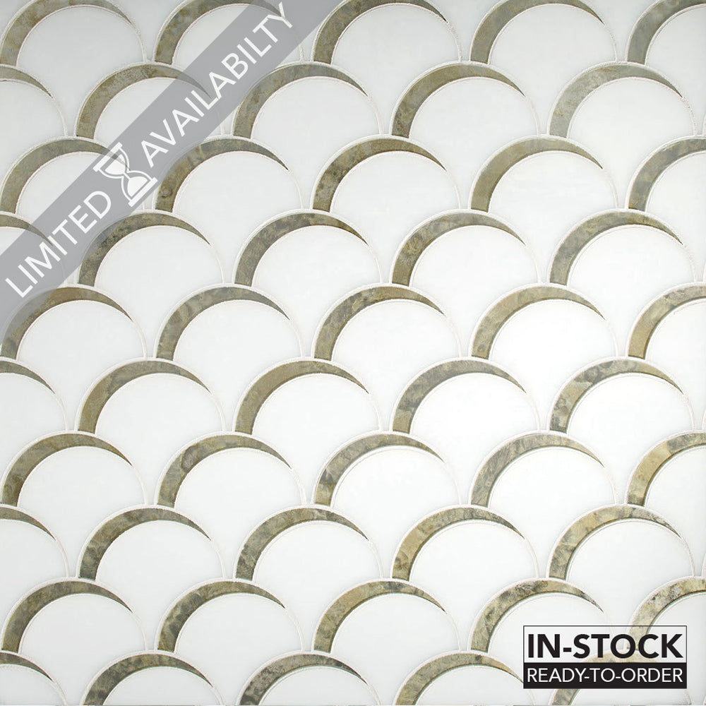 Scallop Intricate Luxury Mosaic Glass Tile in Gold/White "Mesmerize ...