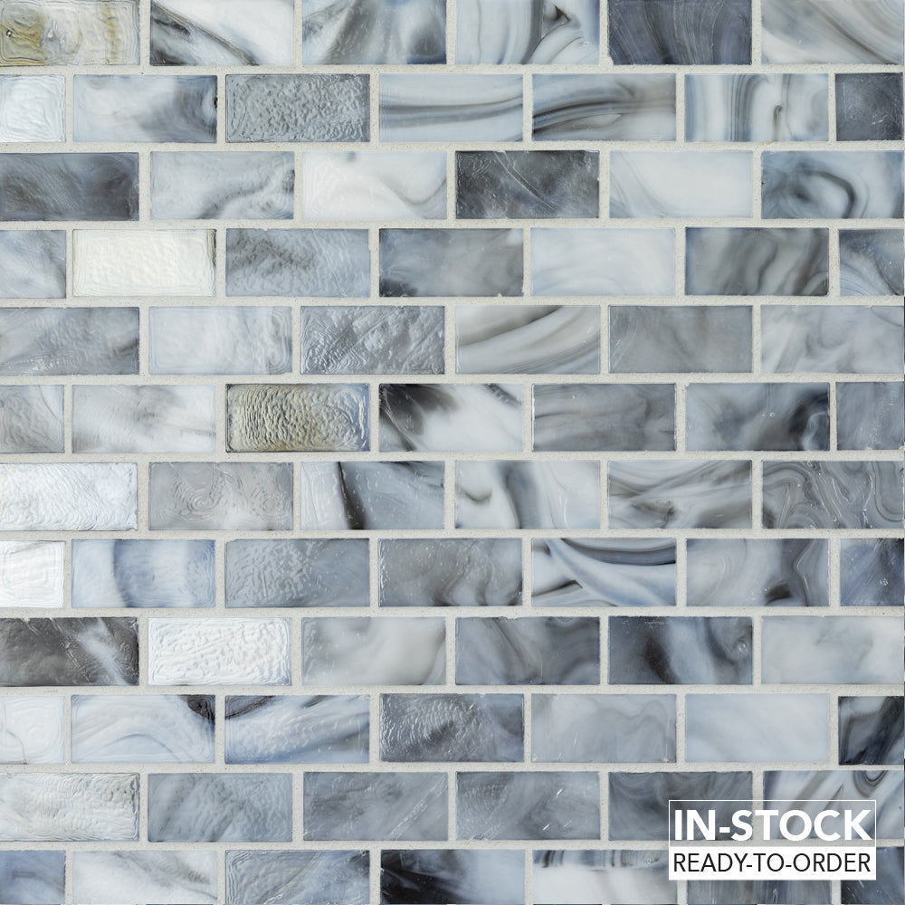 1x2 Mosaic Offset Glass Tile in Catalina White/Grey Marbling – Glasstile