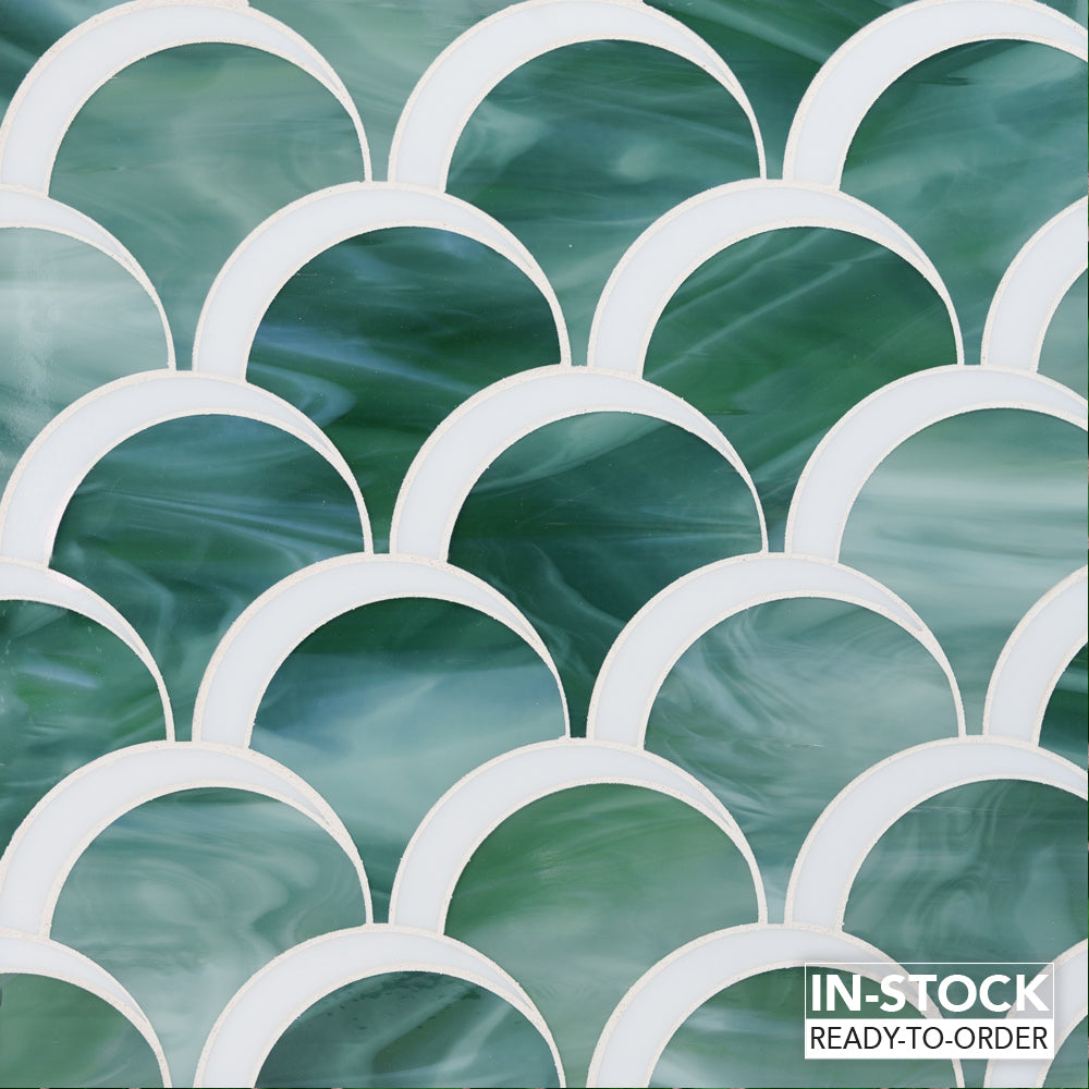 Scallop Luxury Mosaic Glass Tile in Sea Breeze Green/White – Oceanside ...